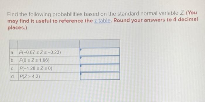 Solved Find the following probabilities based on the | Chegg.com
