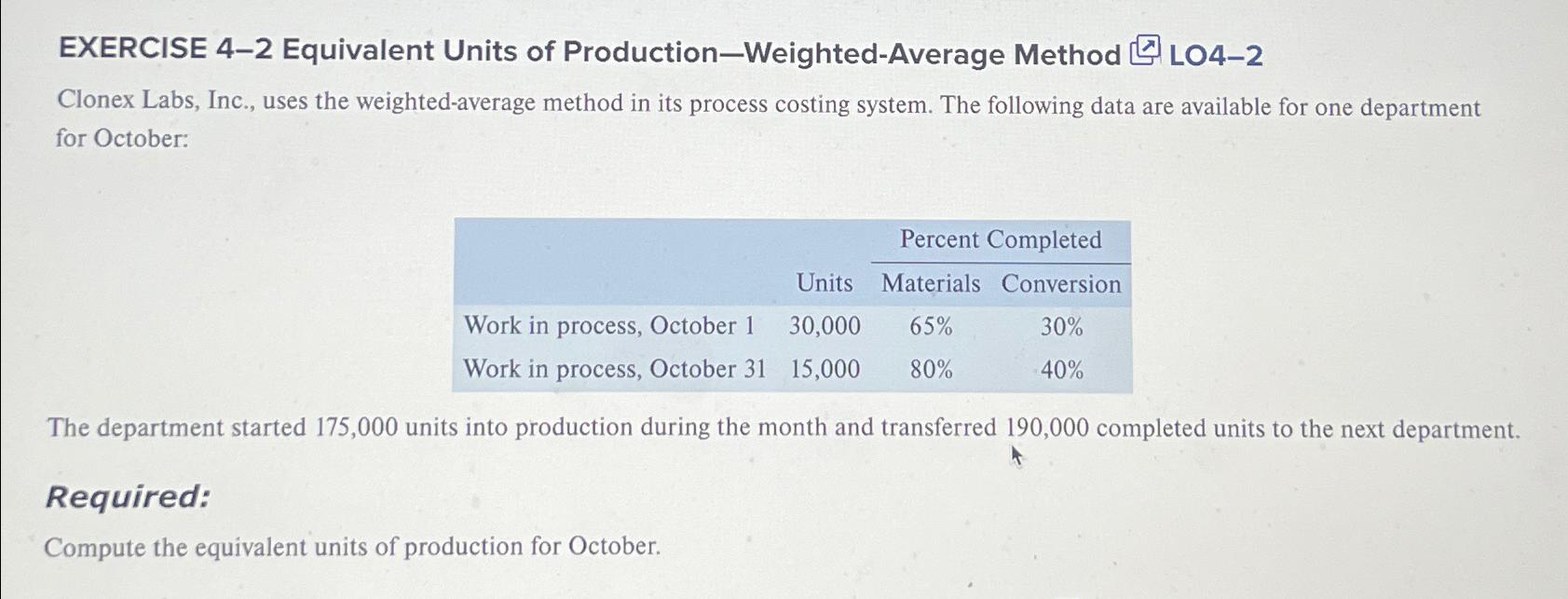 Solved EXERCISE 4-2 ﻿Equivalent Units of | Chegg.com