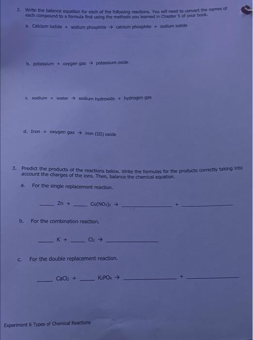 Solved Post-Lab Questions 1. Balance and classify the | Chegg.com