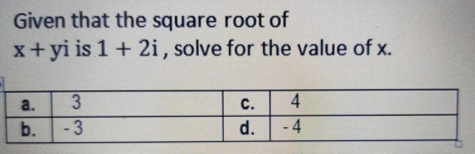 Solved Given that the square root of x+yi is 1 + 2i, solve | Chegg.com