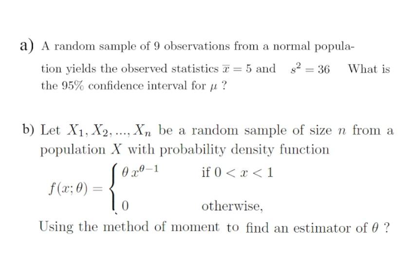 Solved a) A random sample of 9 observations from a normal | Chegg.com