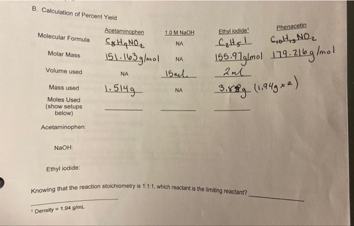 Solved B. Calculation of Percent Yield Acetaminophen: NaOH : | Chegg.com