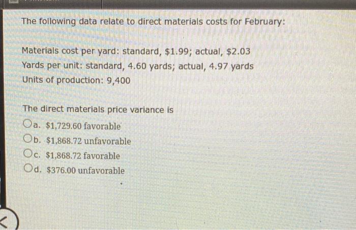 Solved The following data relate to direct materials costs | Chegg.com