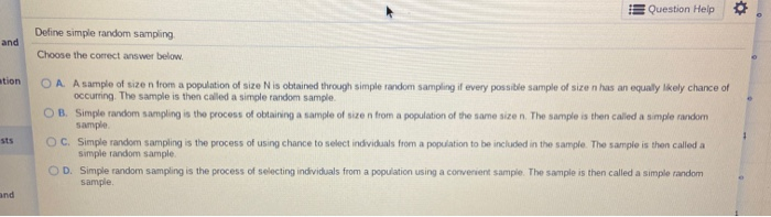 Solved ion Help Define Simple Random Sampling And Chegg