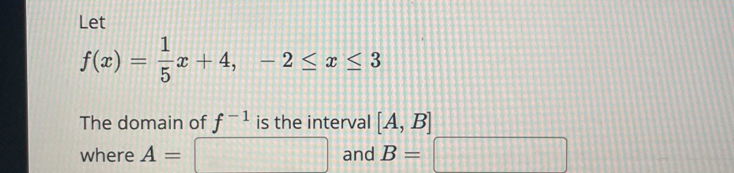 Solved Letf(x)=15x+4,-2≤x≤3The domain of f-1 ﻿is the | Chegg.com