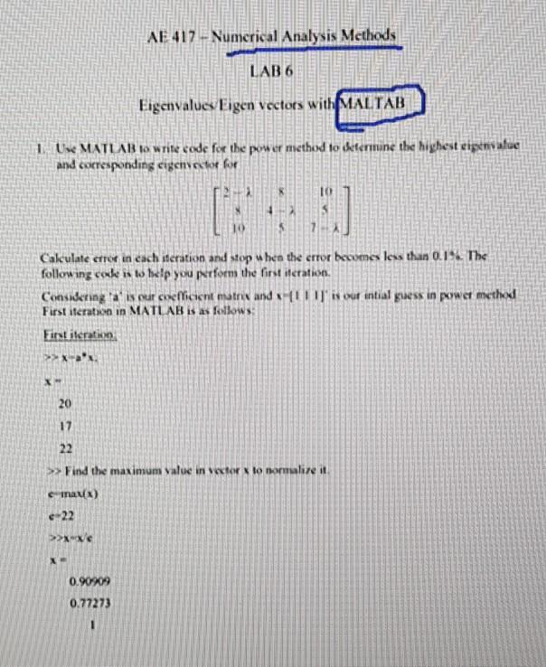 Solved AE 417 - Numerical Analysis Methods LAB 6 Eigenvalues | Chegg.com