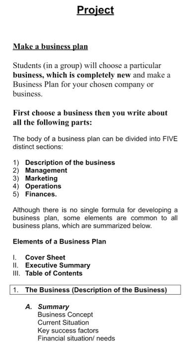 Solved Project Make a business plan Students (in a group) | Chegg.com