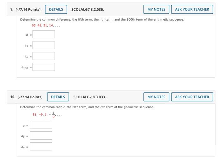 Solved 9. (-/7.14 Points) DETAILS SCOLALG7 8.2.036. MY NOTES | Chegg.com
