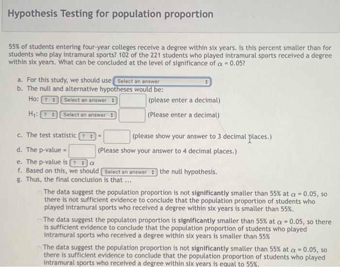 Solved Hypothesis Testing for population proportion 55% of | Chegg.com
