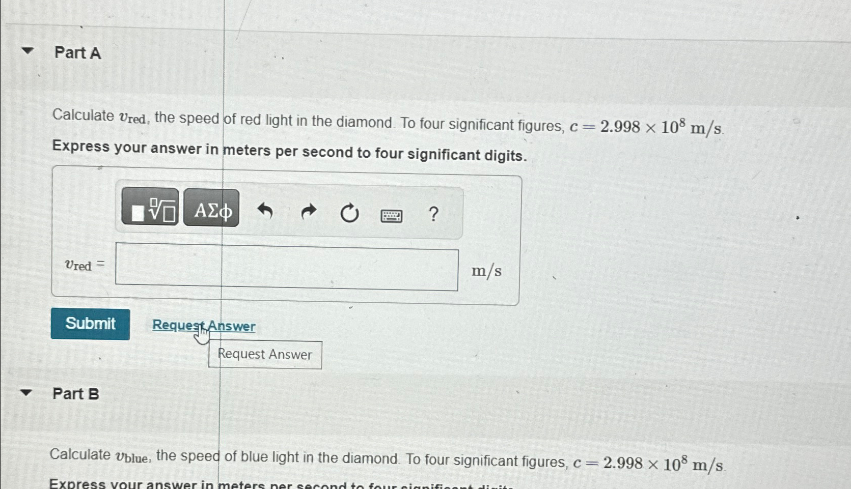 Solved Part ACalculate vred, , ﻿the speed of red light in | Chegg.com