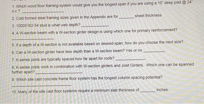 Solved 1. Which wood floor framing system would give you the | Chegg.com