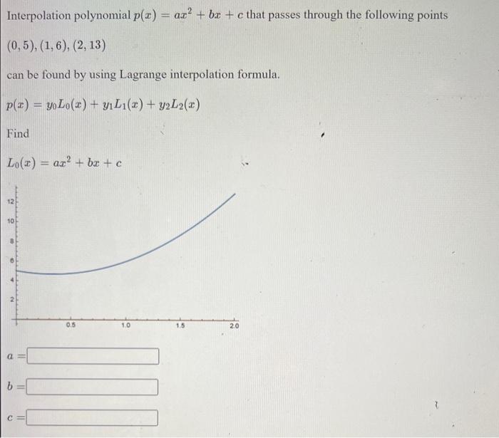 Solved Interpolation polynomial p(x)=ax2+bx+c that passes | Chegg.com