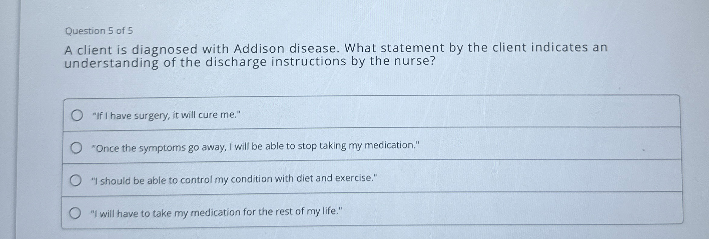 Solved Question 5 ﻿of 5A client is diagnosed with Addison | Chegg.com