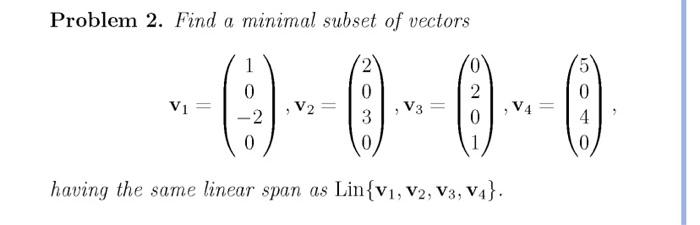Solved Problem 2. Find a minimal subset of vectors | Chegg.com
