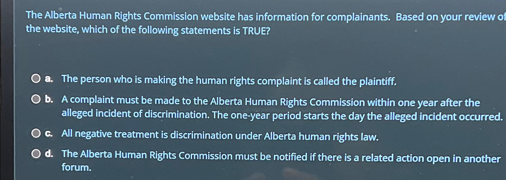 Solved The Alberta Human Rights Commission website has | Chegg.com
