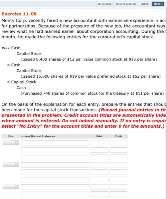 Solved CALCULATOR PRINTER VERSION BACK NEXT Exercise 11-08 | Chegg.com