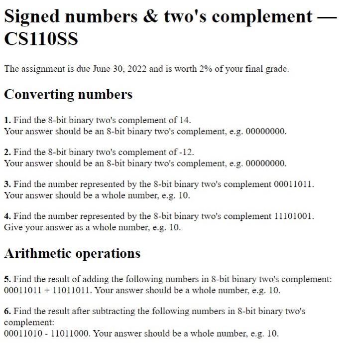 Solved Signed numbers & two's complement CS110SS The | Chegg.com