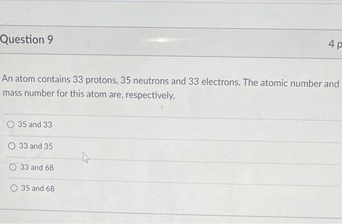 Solved Question 9 4p An atom contains 33 protons, 35 | Chegg.com