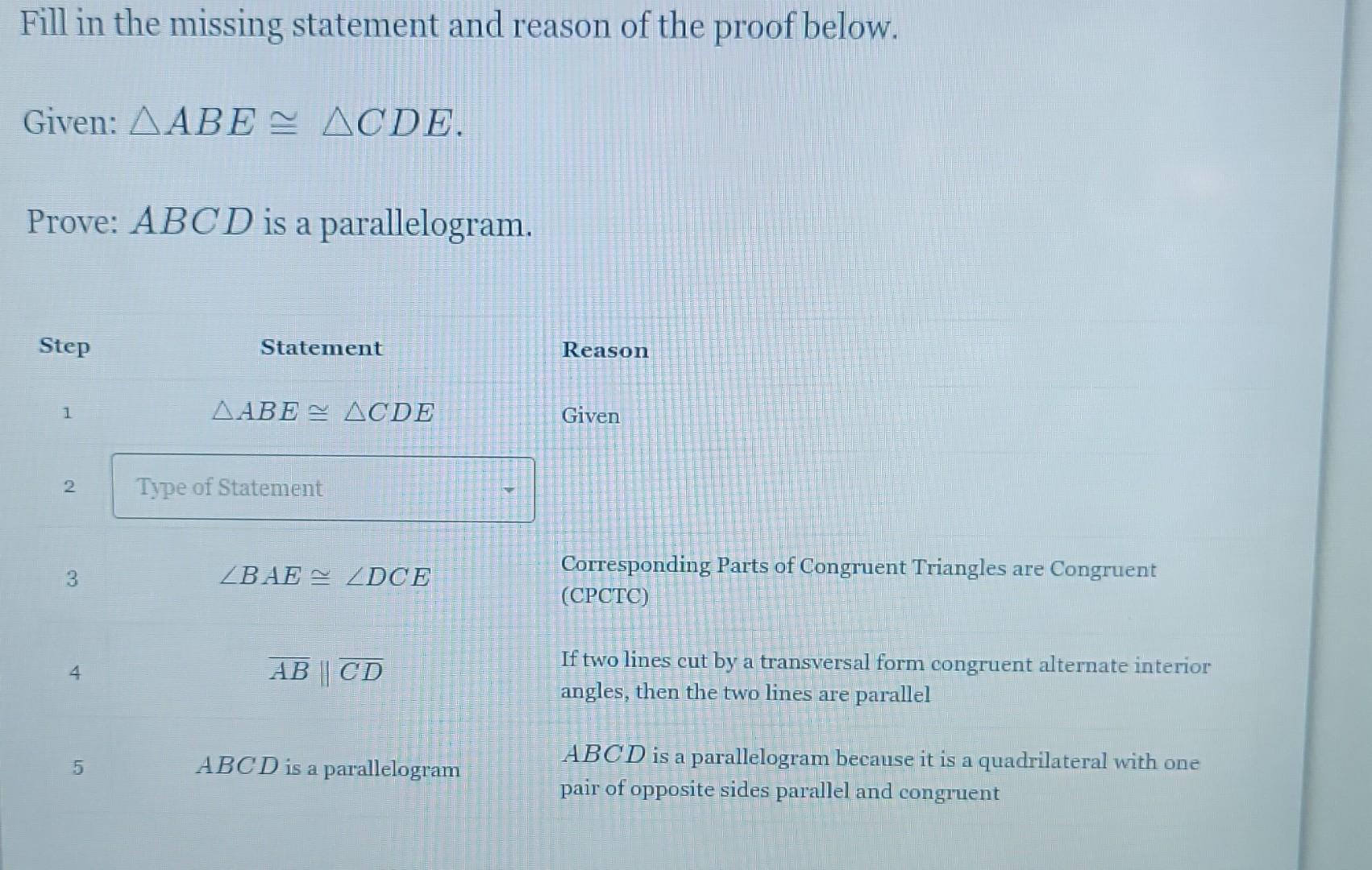 Solved Fill in the missing statement and reason of the proof | Chegg.com