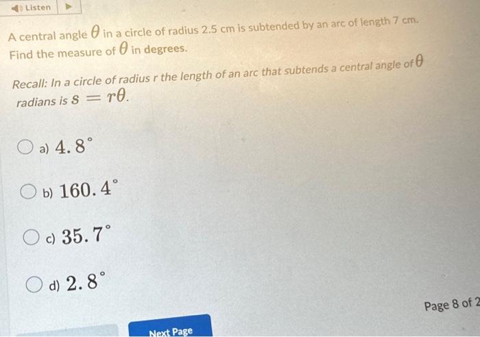 Solved Listen 0 A central angle in a circle of radius 2.5 cm | Chegg.com