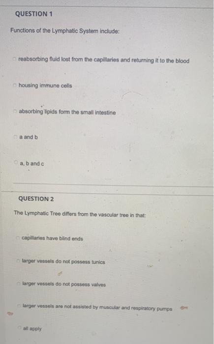 Solved Functions of the Lymphatic System include: | Chegg.com