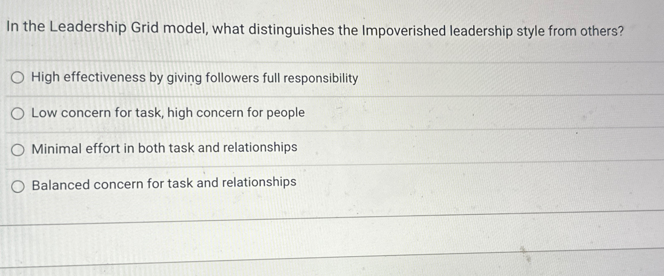 Solved In the Leadership Grid model, what distinguishes the | Chegg.com