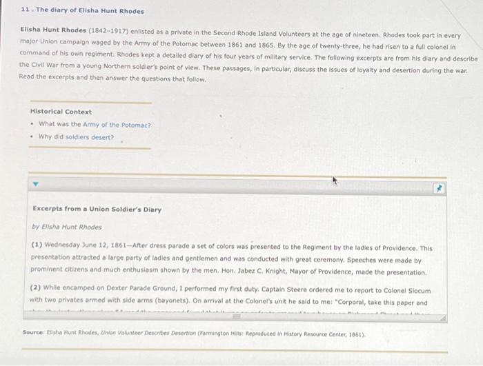 11. The diary of Elisha Hunt Rhodes Elisha Hunt | Chegg.com