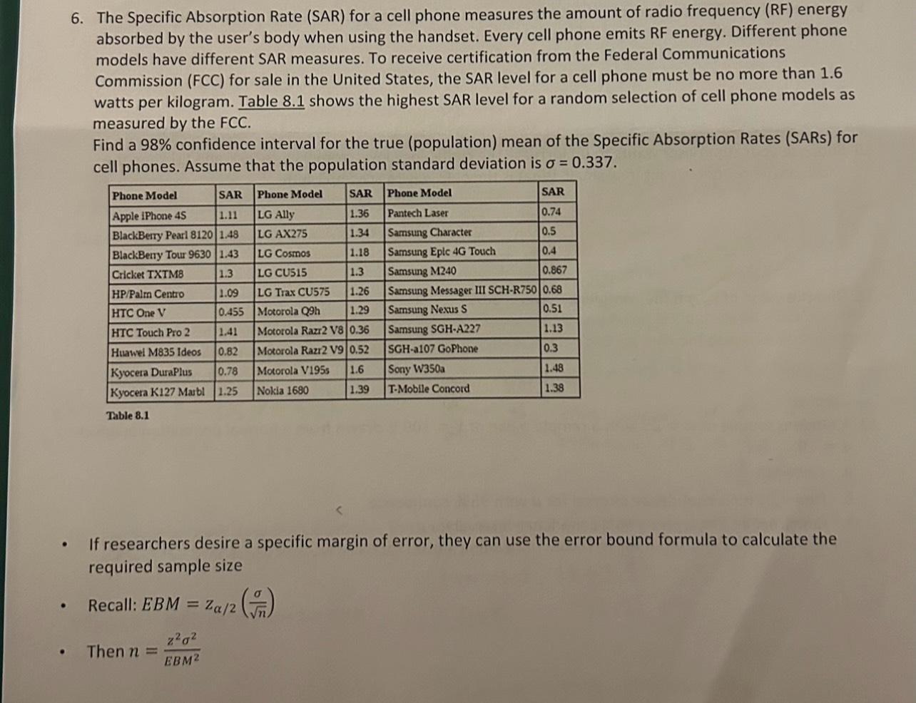 Solved The Specific Absorption Rate (SAR) ﻿for a cell phone | Chegg.com