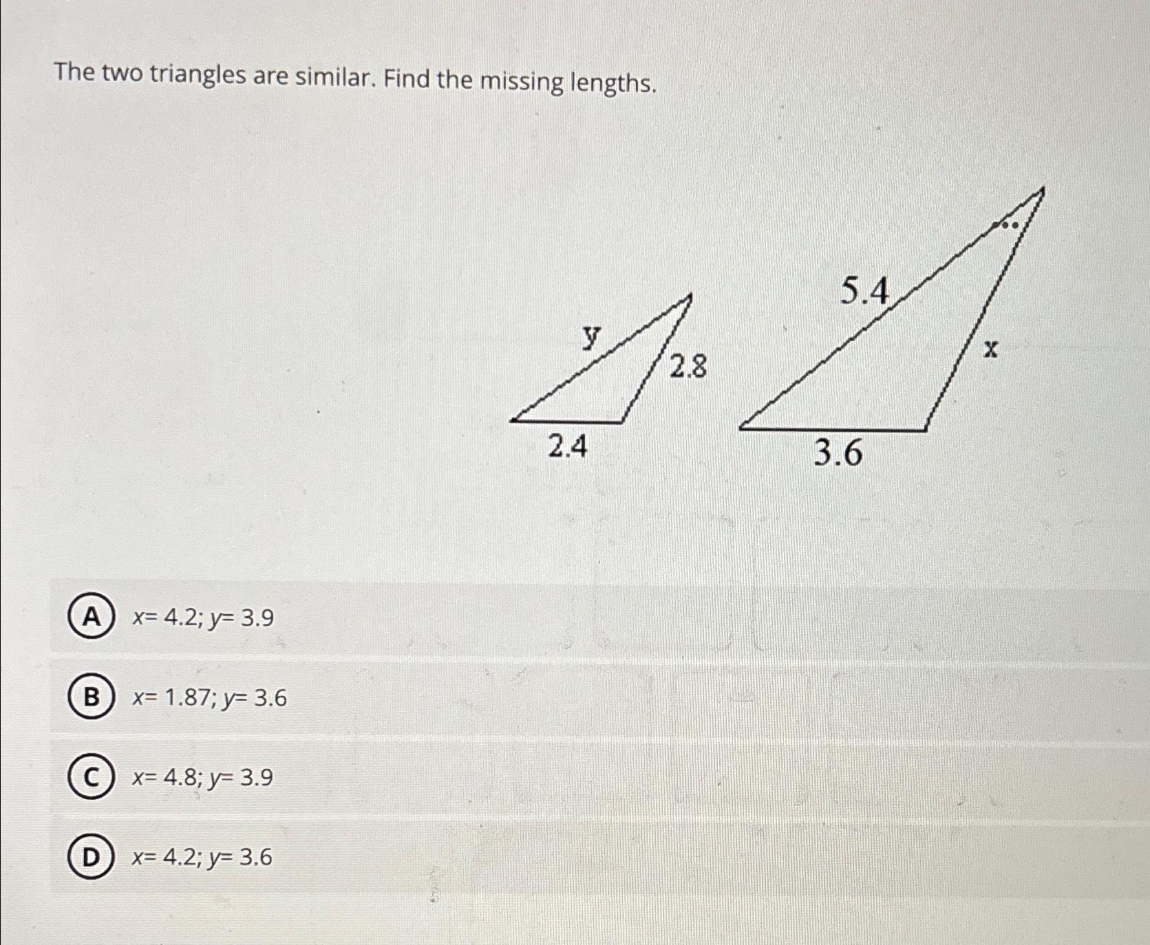 Solved The two triangles are similar. Find the missing | Chegg.com