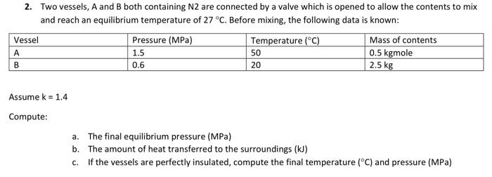 Solved 2. Two vessels, A and B both containing N2 are | Chegg.com