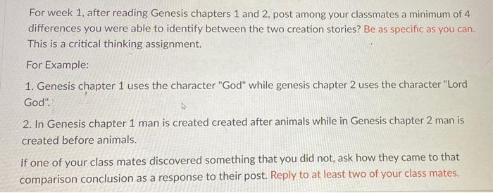 Solved For week 1, after reading Genesis chapters 1 and 2, | Chegg.com