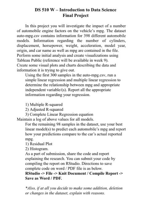 Solved DS 510 W - Introduction to Data Science Final Project | Chegg.com