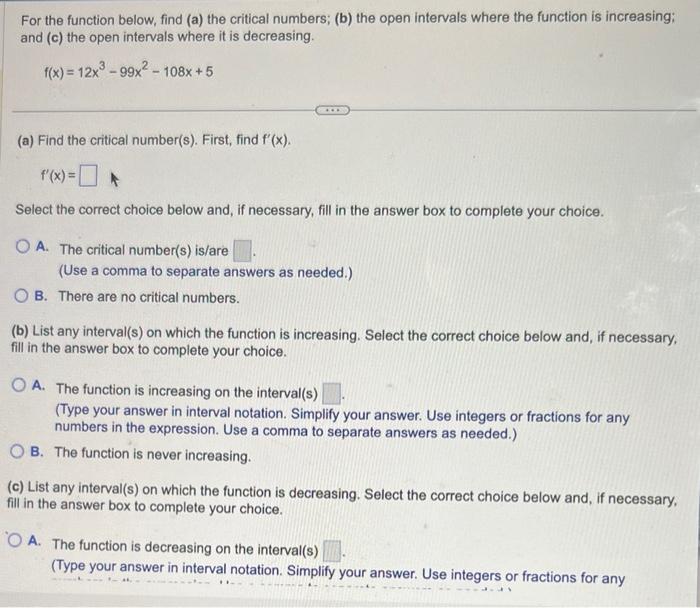 Solved For the function below, find (a) the critical | Chegg.com