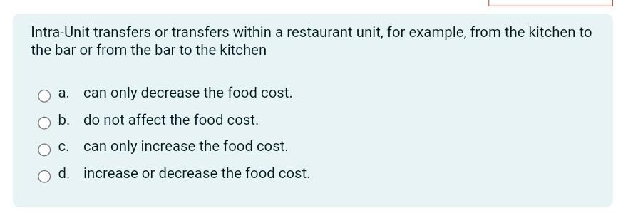 Intra-Unit transfers or transfers within a restaurant | Chegg.com
