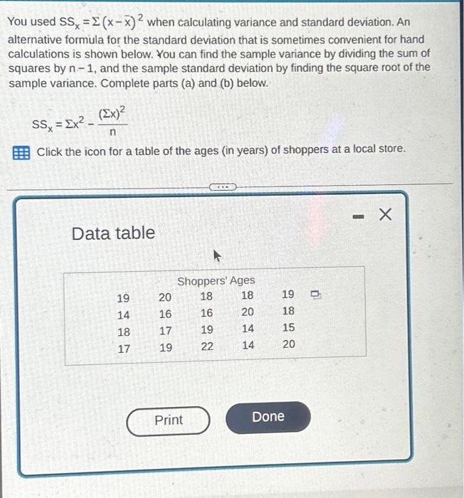 Solved You used SSx=Σ(x−x)2 when calculating variance and | Chegg.com