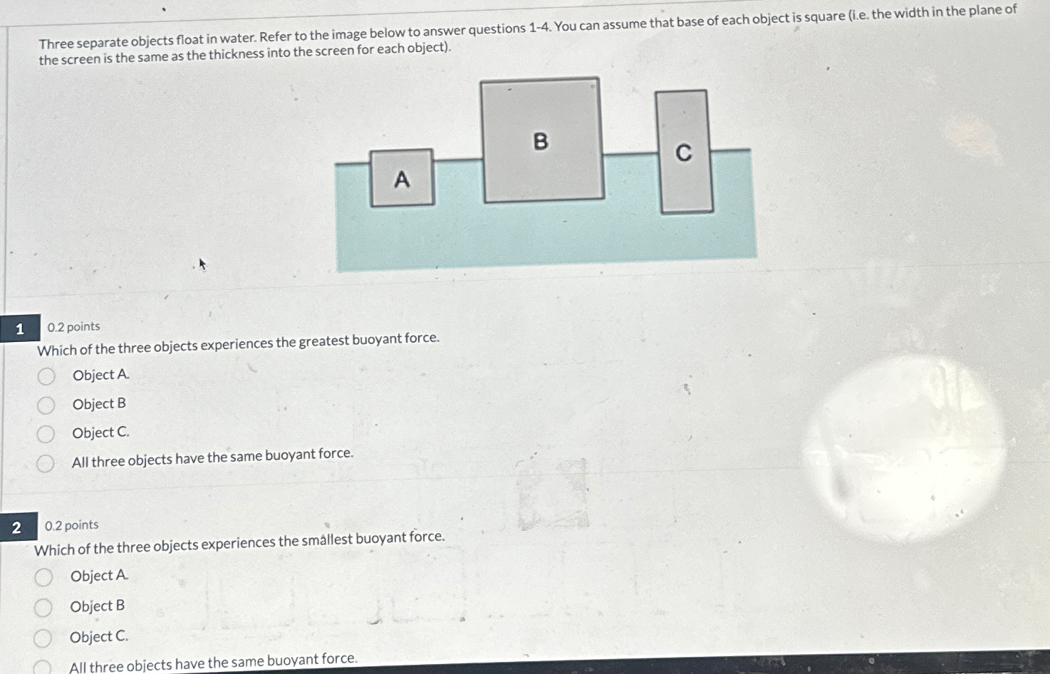 Solved Three separate objects float in water. Refer to the | Chegg.com