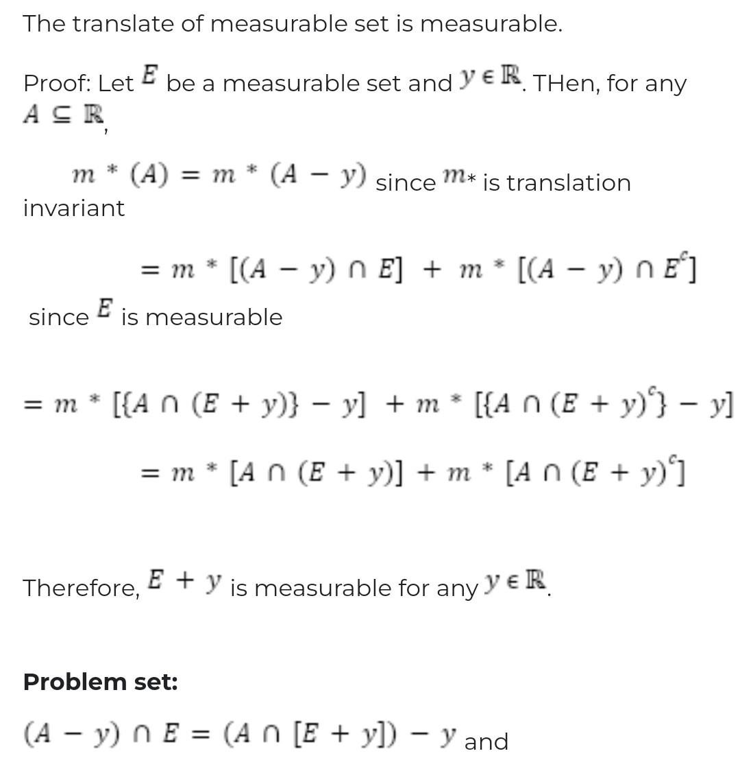 Solved The Translate Of Measurable Set Is Measurable Proof