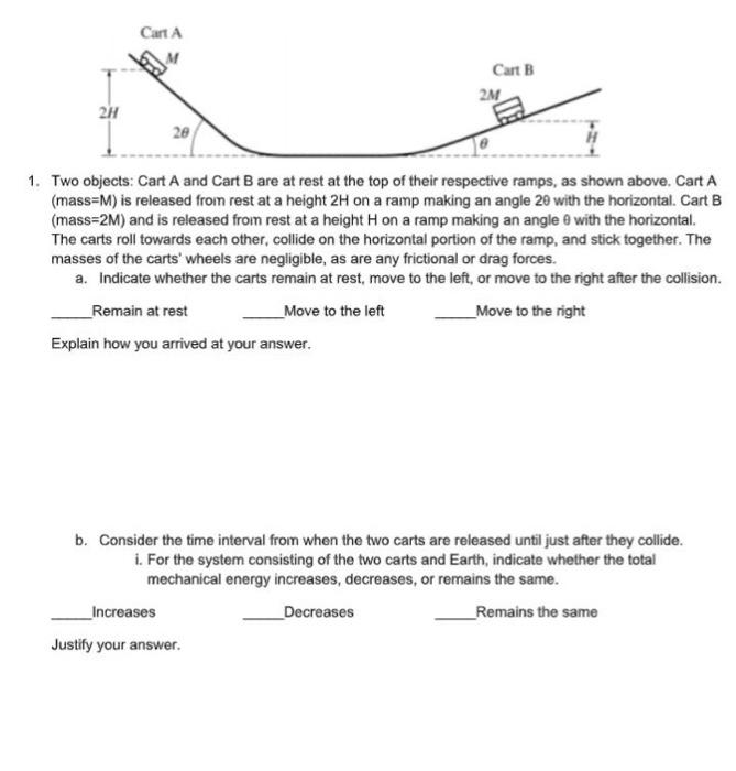 Solved Cart A Cart B 2M 2H 20 1. Two objects: Cart A and | Chegg.com