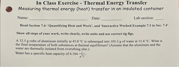 Solved In Class Exercise - Thermal Energy Transfer Measuring | Chegg.com