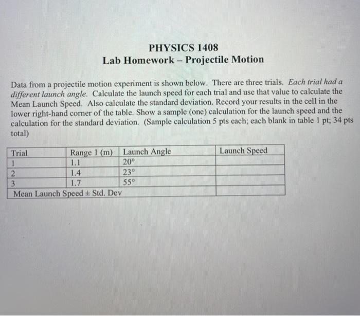 Solved PHYSICS 1408 Lab Homework - Projectile Motion Data | Chegg.com