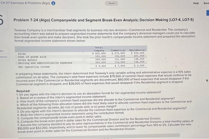 Solved Problem 7-24 (Algo) Companywide and Segment | Chegg.com