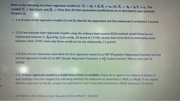 Solved Refer to the following two linear regression models | Chegg.com