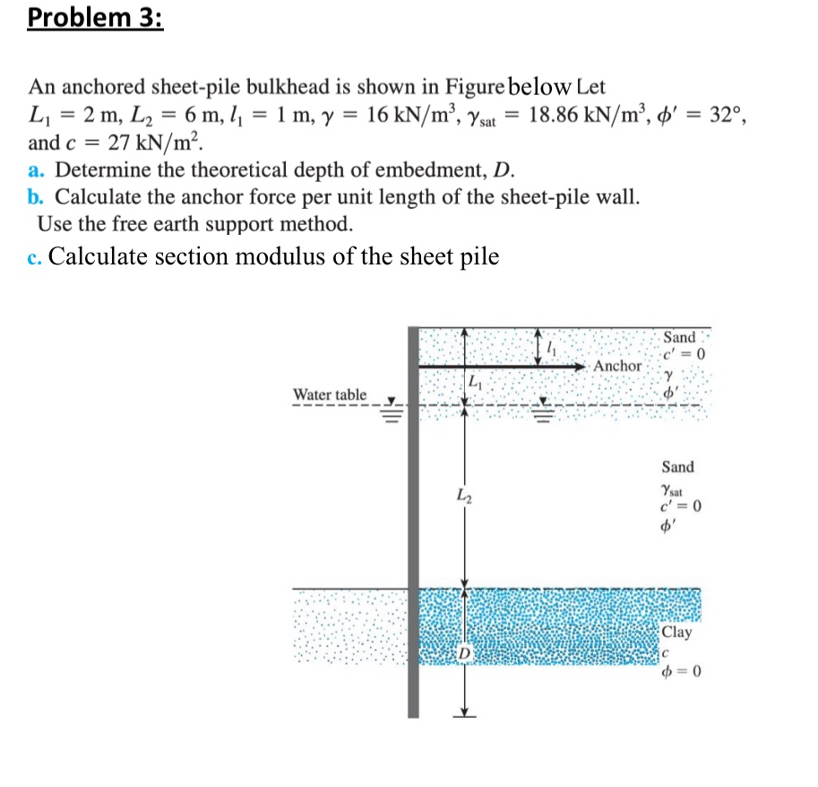 Solved Problem 3:An anchored sheet-pile bulkhead is shown in | Chegg.com