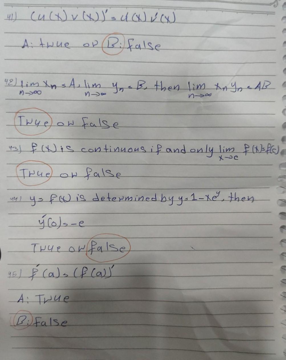 Solved ui) cu cxvcx))'s dx vw A twue on B: false 42) lim xn | Chegg.com