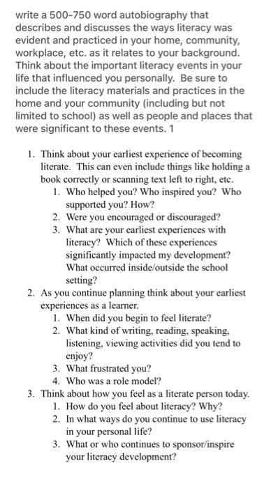 write a 500-750 word autobiography that describes and | Chegg.com