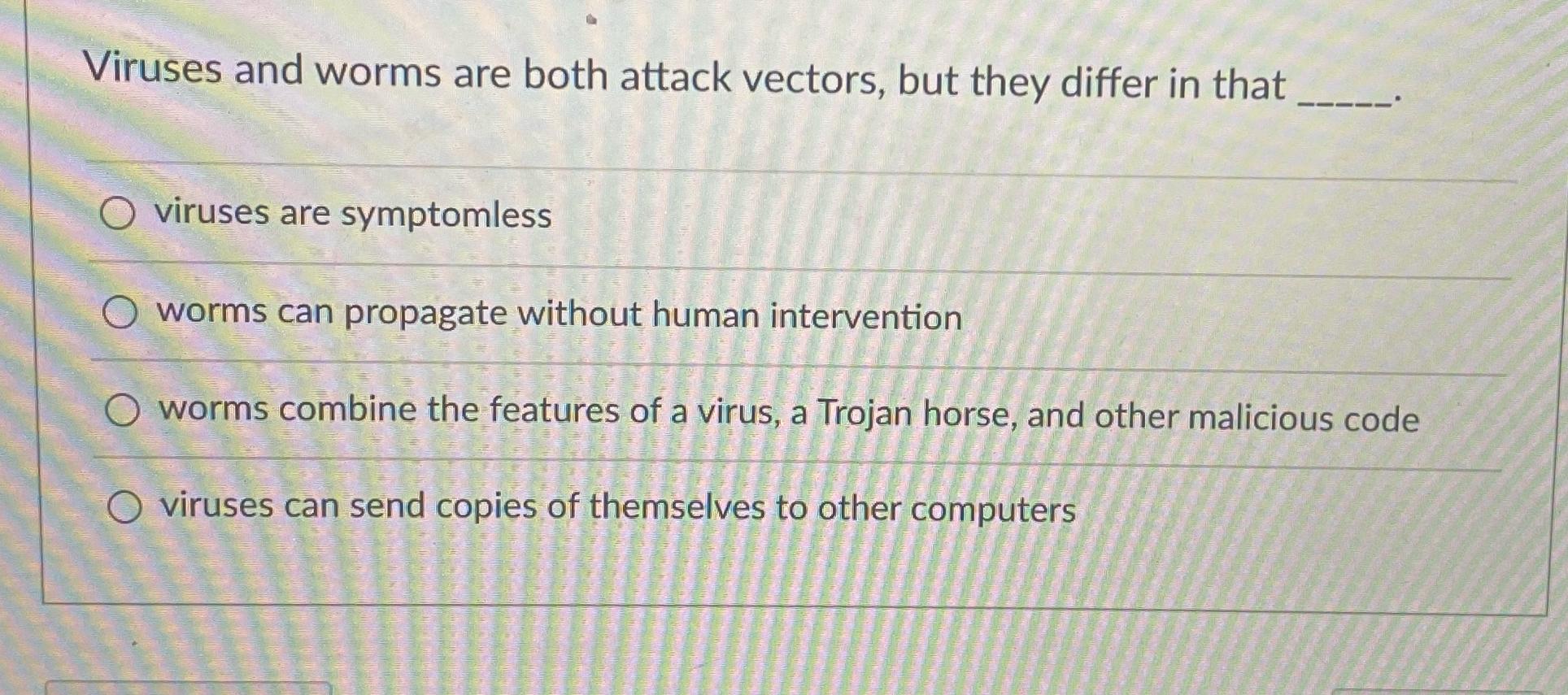 Solved Viruses and worms are both attack vectors, but they | Chegg.com