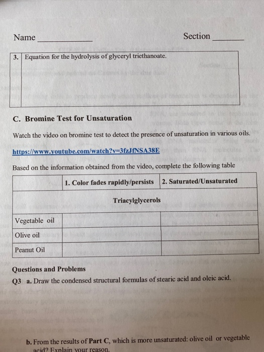 Solved Name Section 3. Equation for the hydrolysis of | Chegg.com