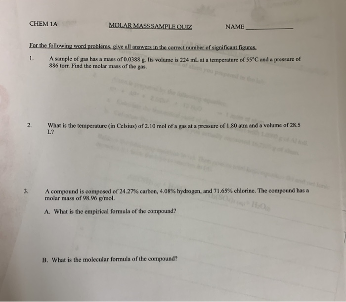 Solved CHEM 1A MOLAR MASS SAMPLE QUIZ NAME For the following | Chegg.com
