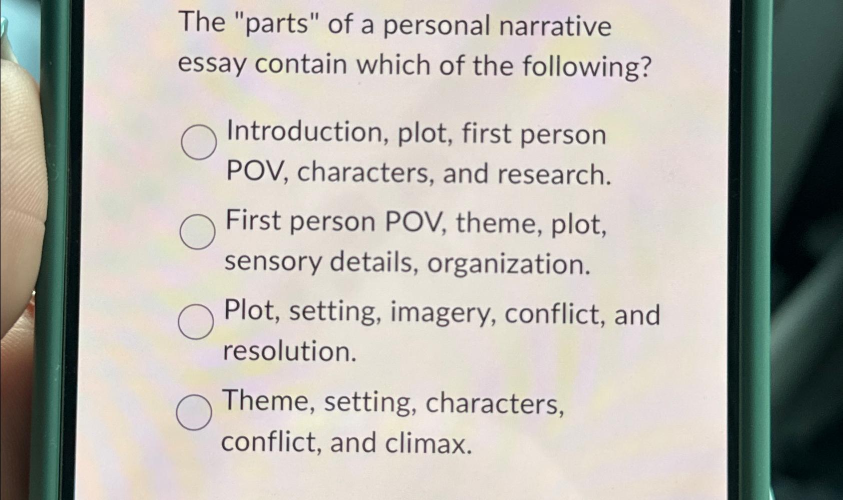 Solved The "parts" of a personal narrative essay contain | Chegg.com