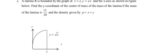 Solved 2. A lamina K is bounded by the graph of x=2, y = Vx | Chegg.com